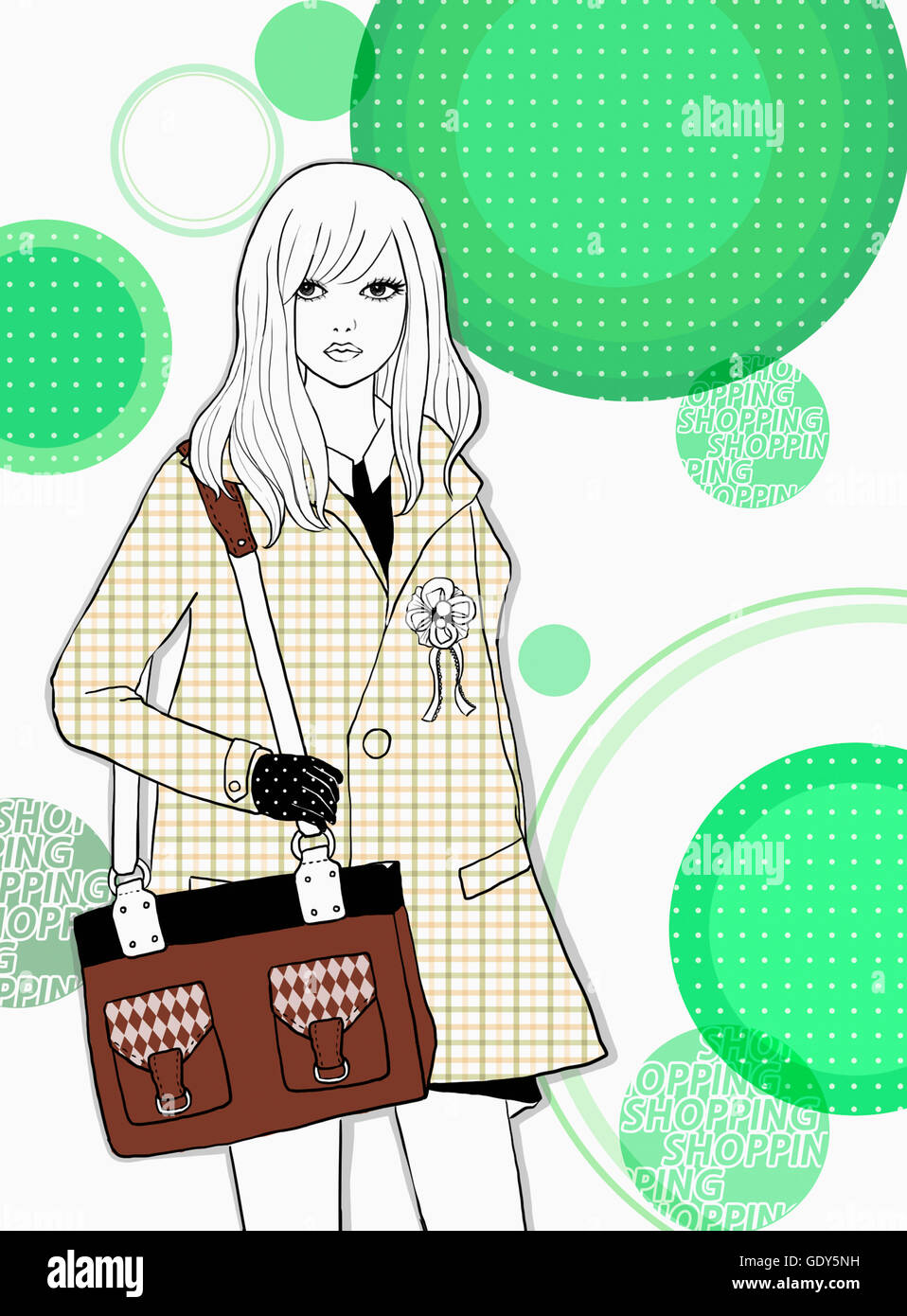 Female fashion model wearing a coat with check patterns and a bag Stock ...