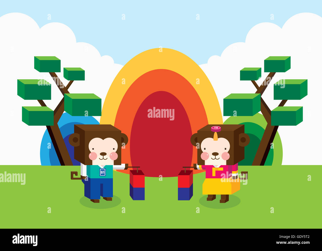 Background of new year with monkeys in traditional Korean clothes ...