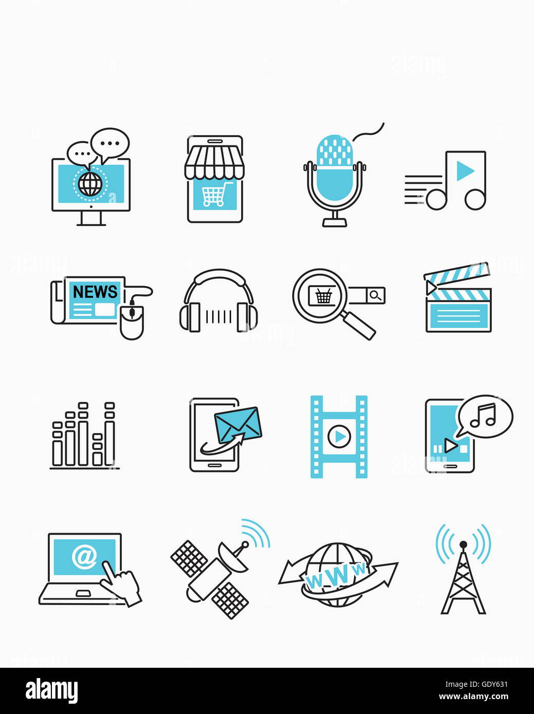Set of various line icons related to multimedia and communication on ...