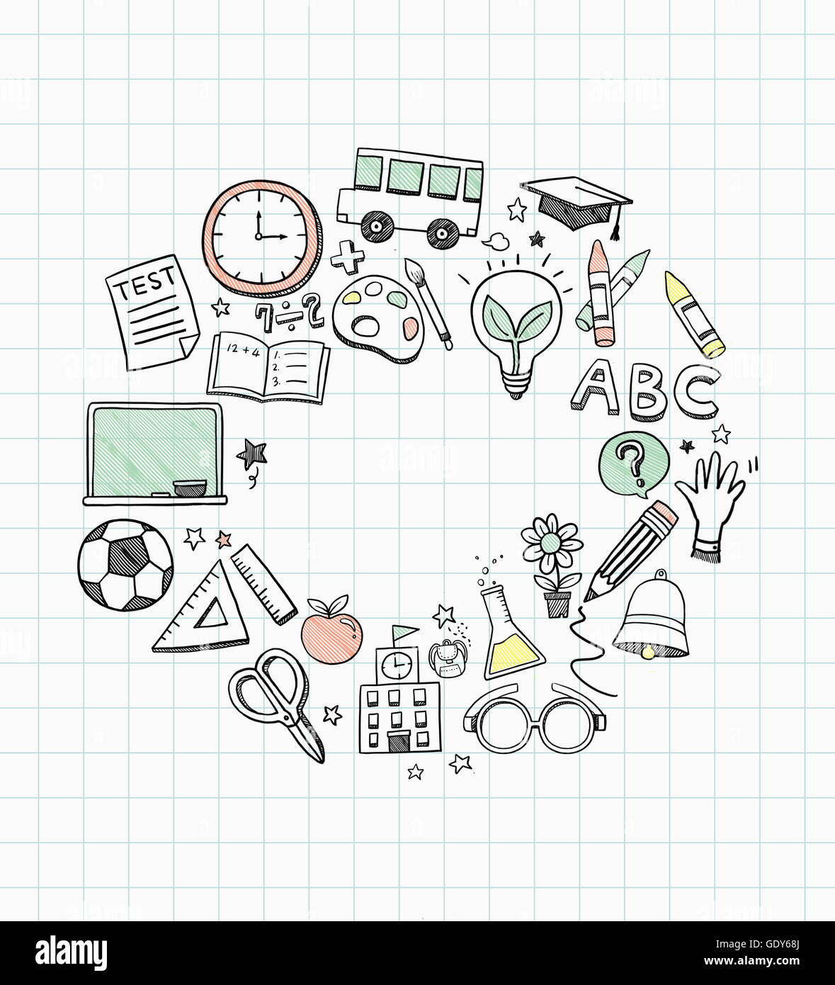 Circle made of drawings related to school education on graph paper ...
