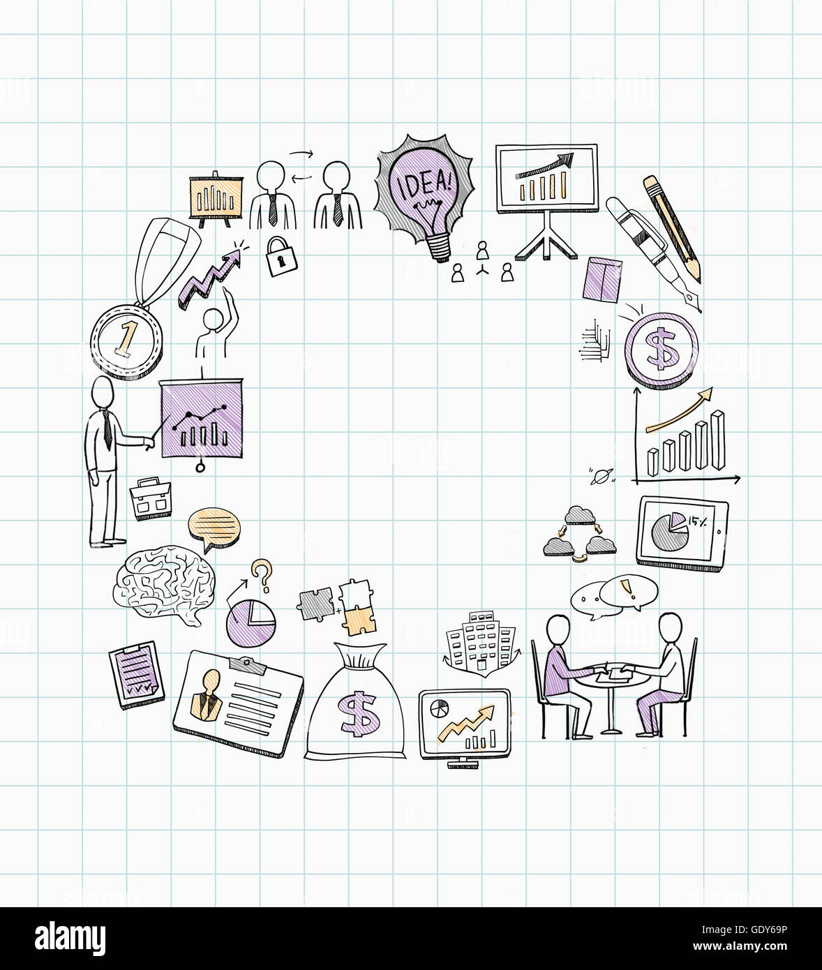 Circle made of drawings related to business and economy on graph paper ...