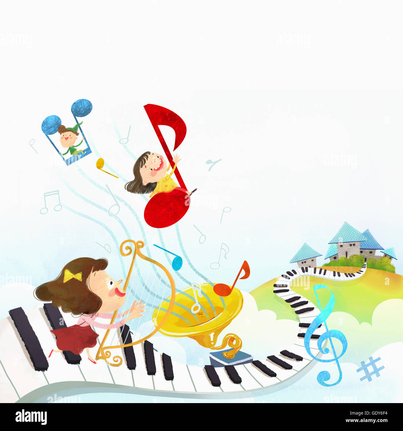 Illustration of smiling girls playing instruments and singing Stock ...