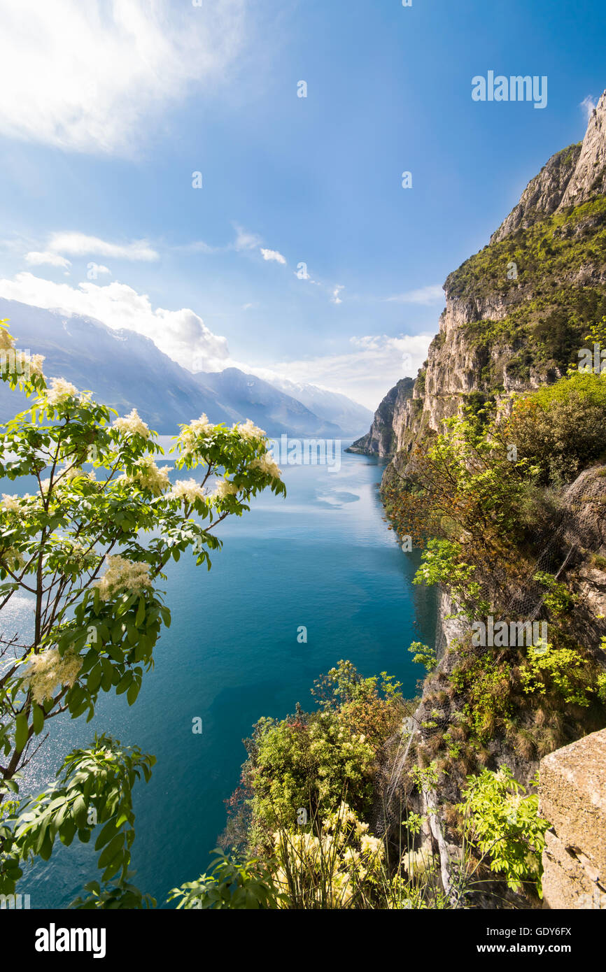 Panorama of the gorgeous Lake Garda surrounded by mountains in Riva del ...