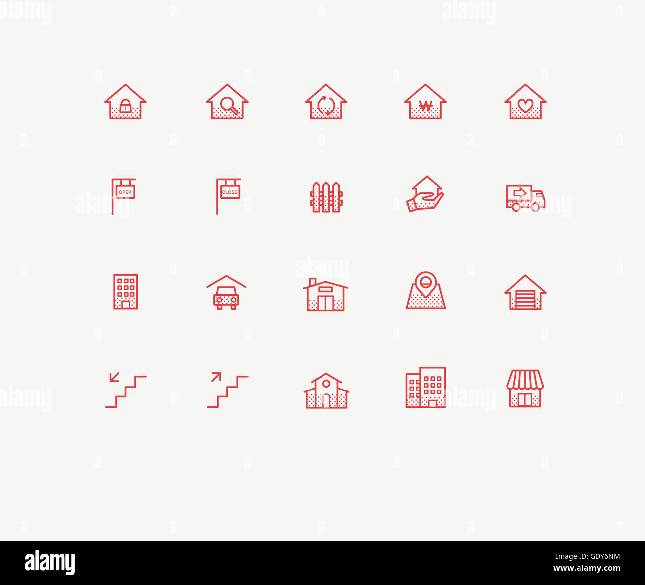 Set of red line icons related to houses Stock Photo - Alamy
