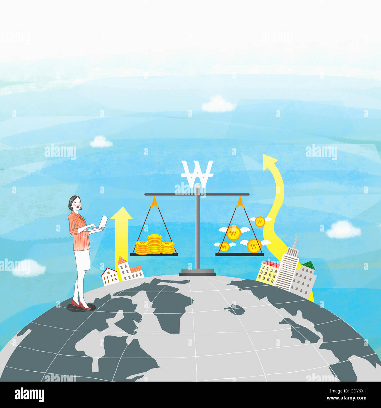 Watercolor illustration of global economy and business Stock Photo - Alamy