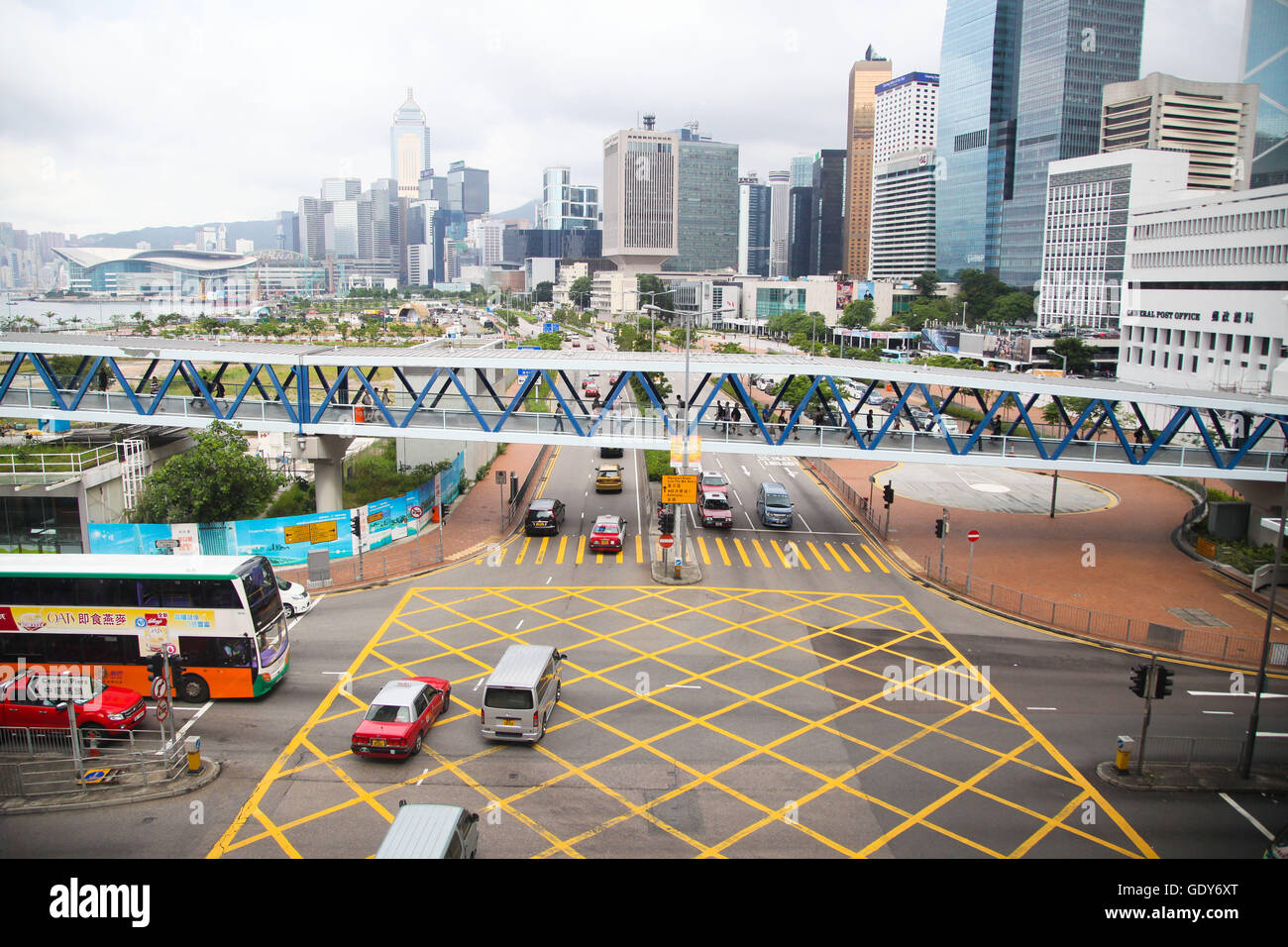 Traffic in yellow box junction in Central District of Hong Kong, China ...