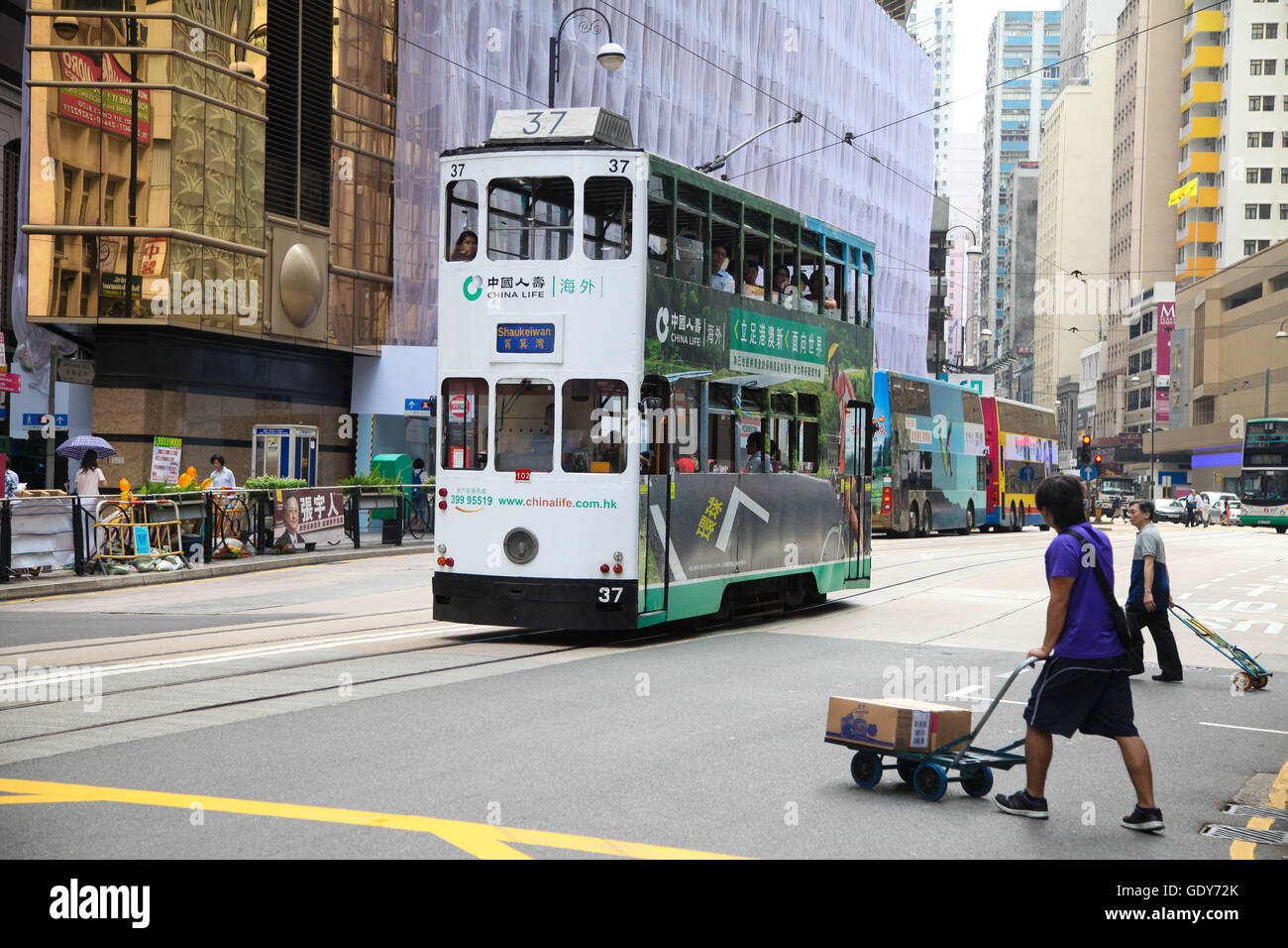 City Tram or Ding Ding in Central District of Hong Kong, China Stock ...
