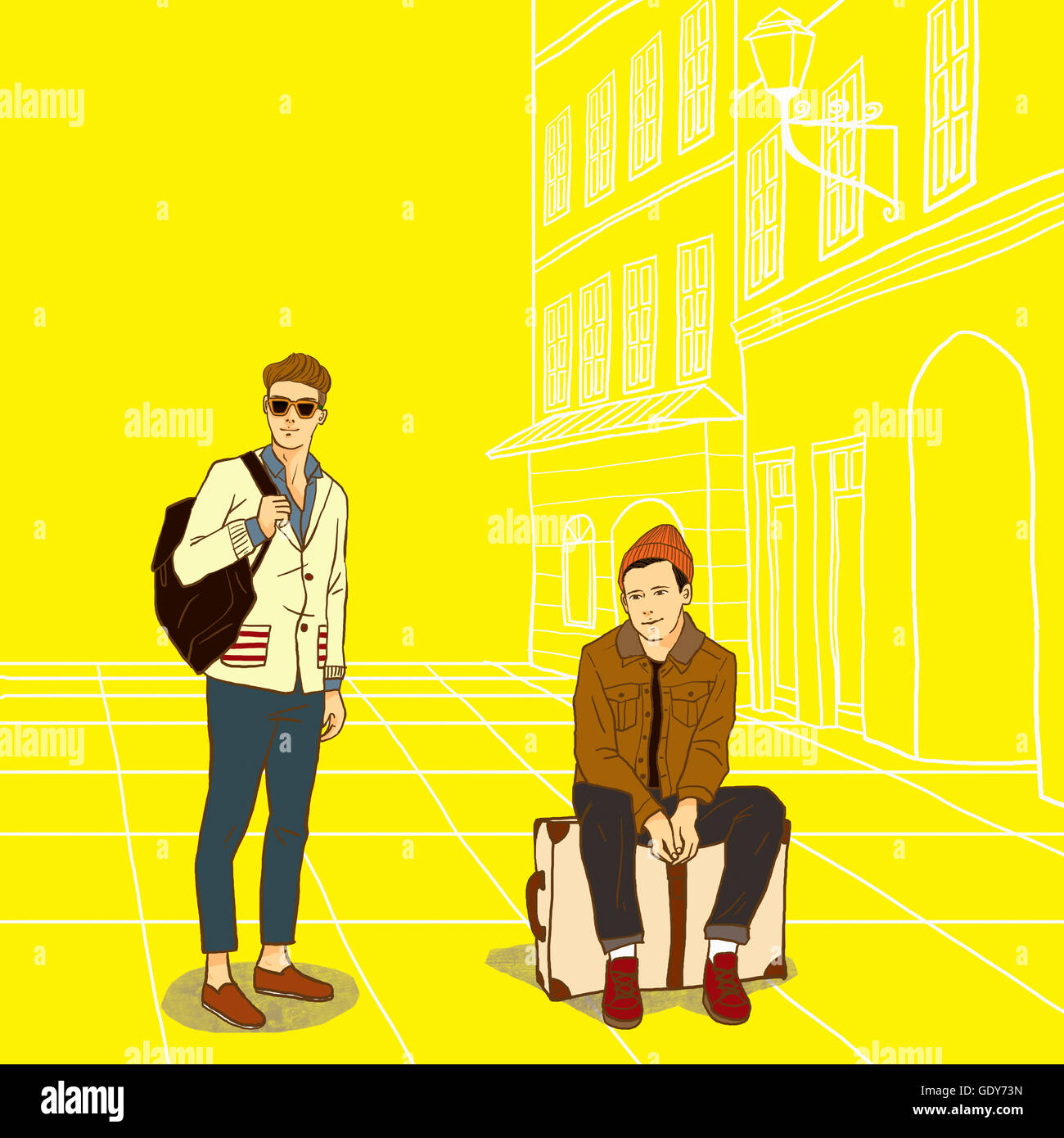 Two fashionable metrosexual men with a bag and a carrier Stock Photo ...