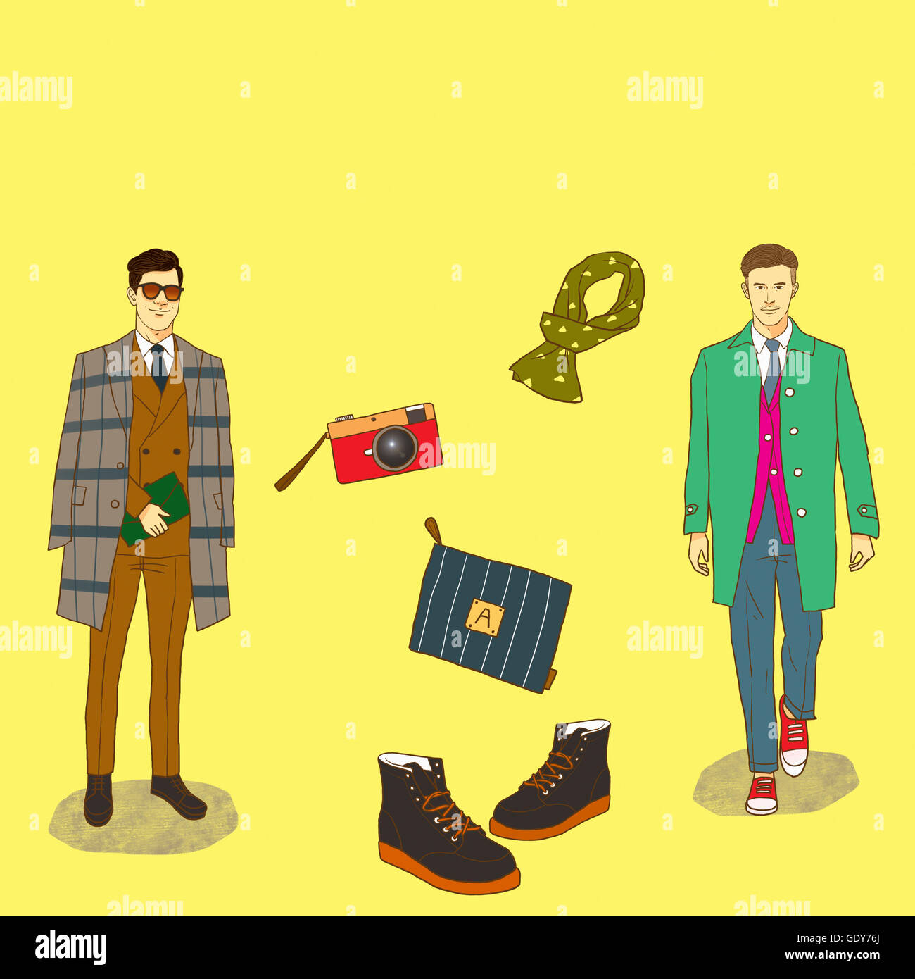 Two young fashionable men in coats with men's fashion items Stock Photo ...