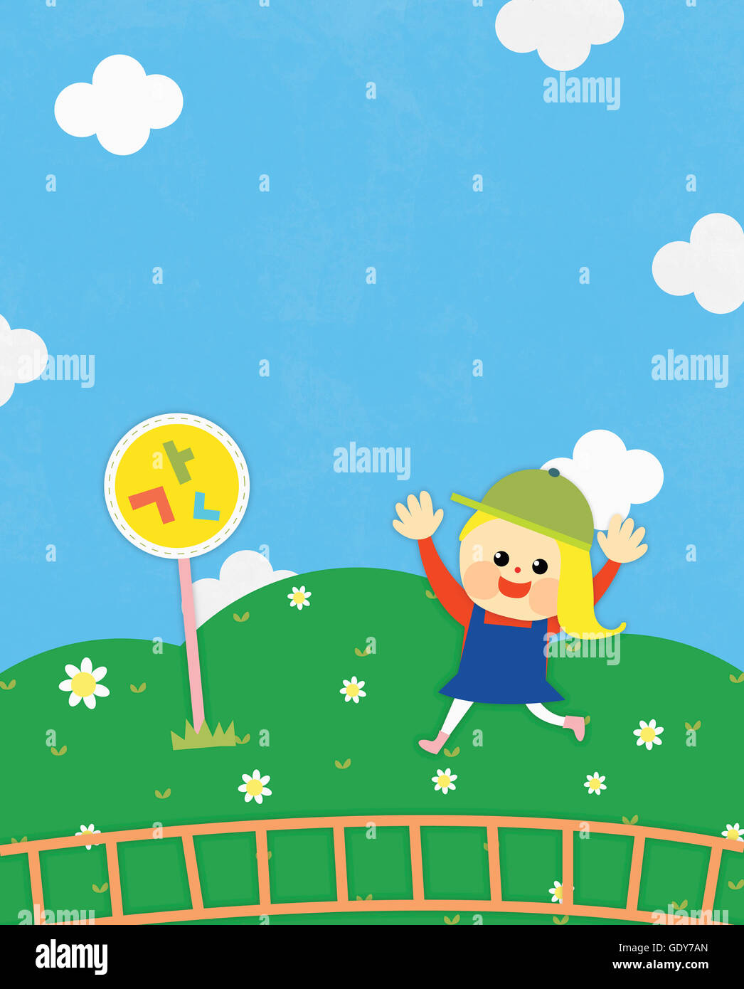 Smiling girl running raising arms along railroad Stock Photo - Alamy