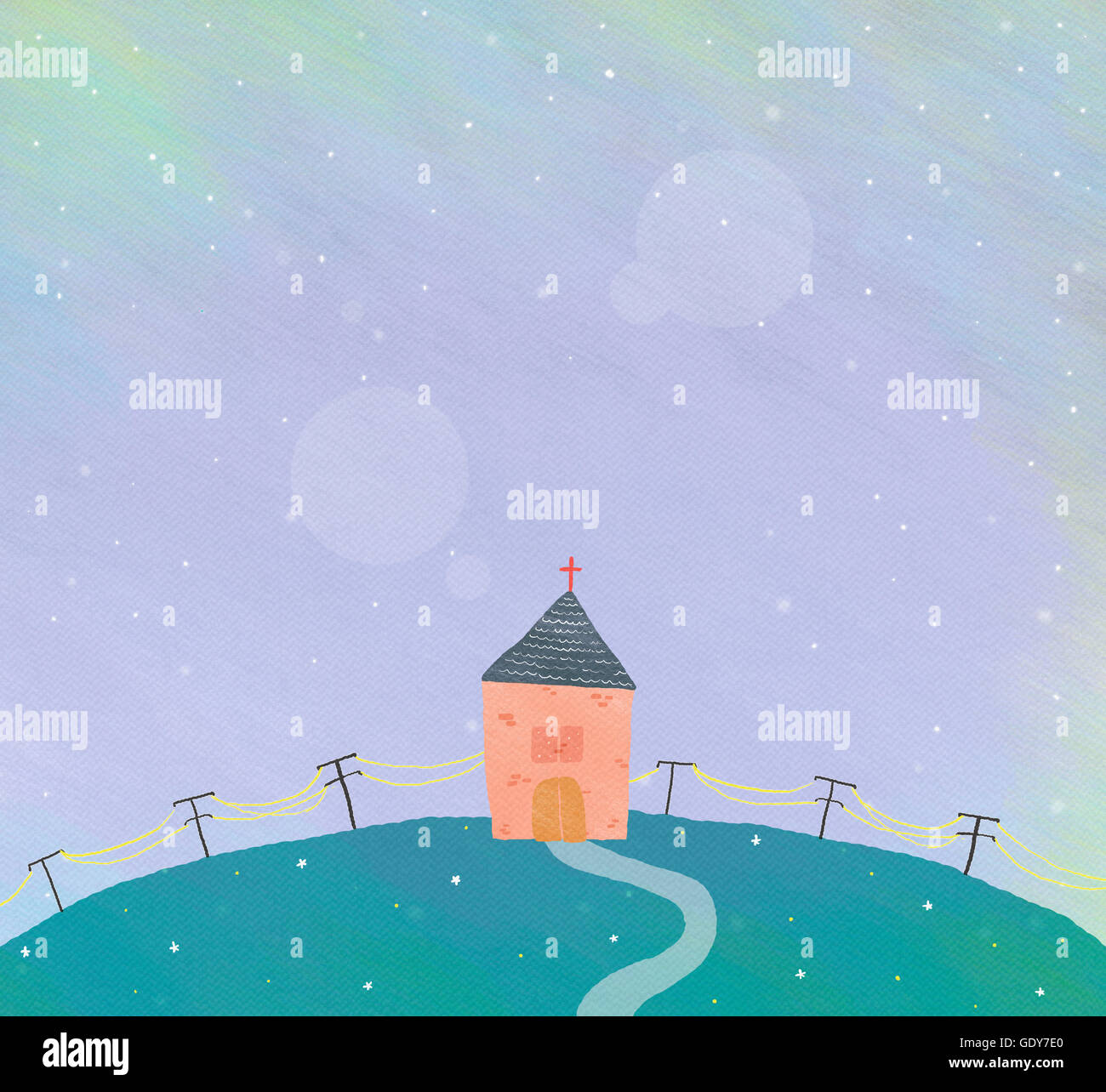 Illustration of a road and a church Stock Photo - Alamy