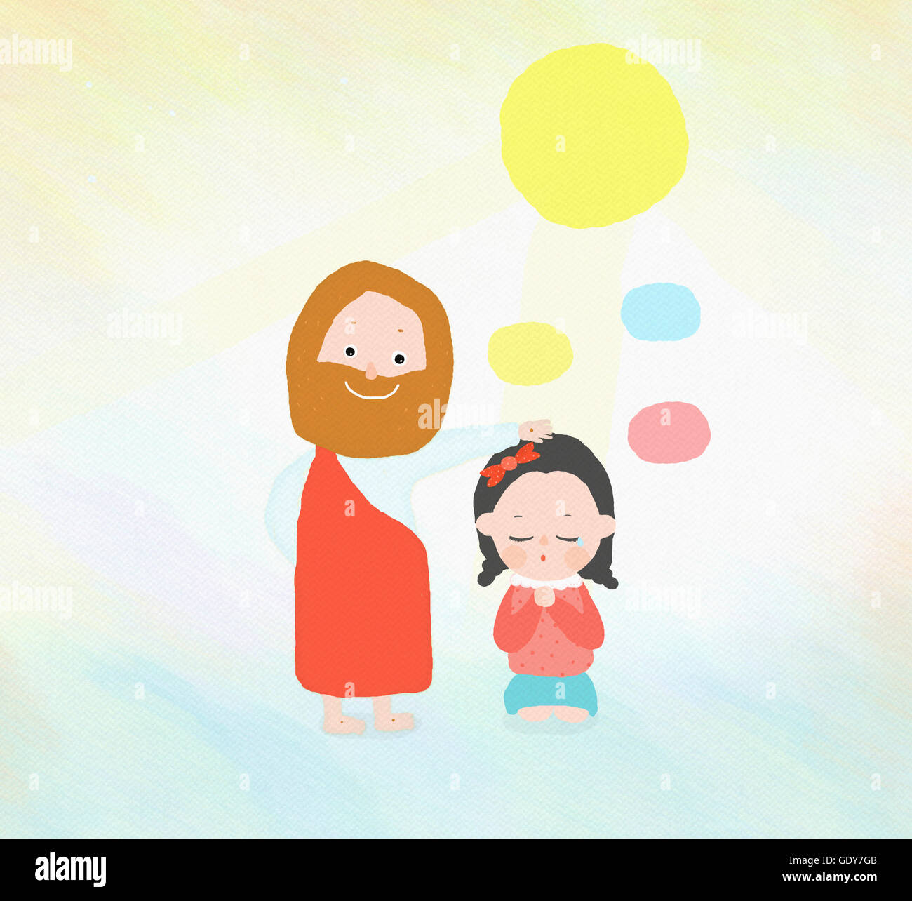 Illustration of Jesus touching a girl praying on the head Stock Photo ...