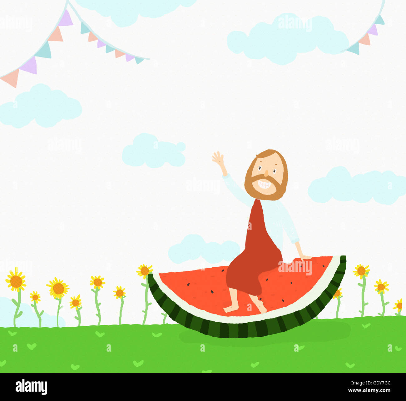 Illustration of Jesus Christ sitting on watermelon waving his hand ...