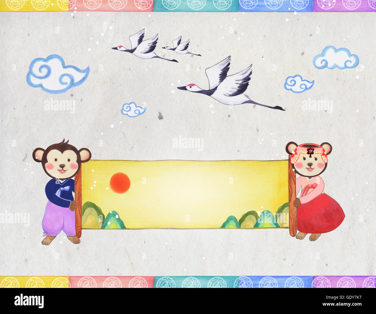 Background of new year greeting card with monkeys in traditional Korean ...