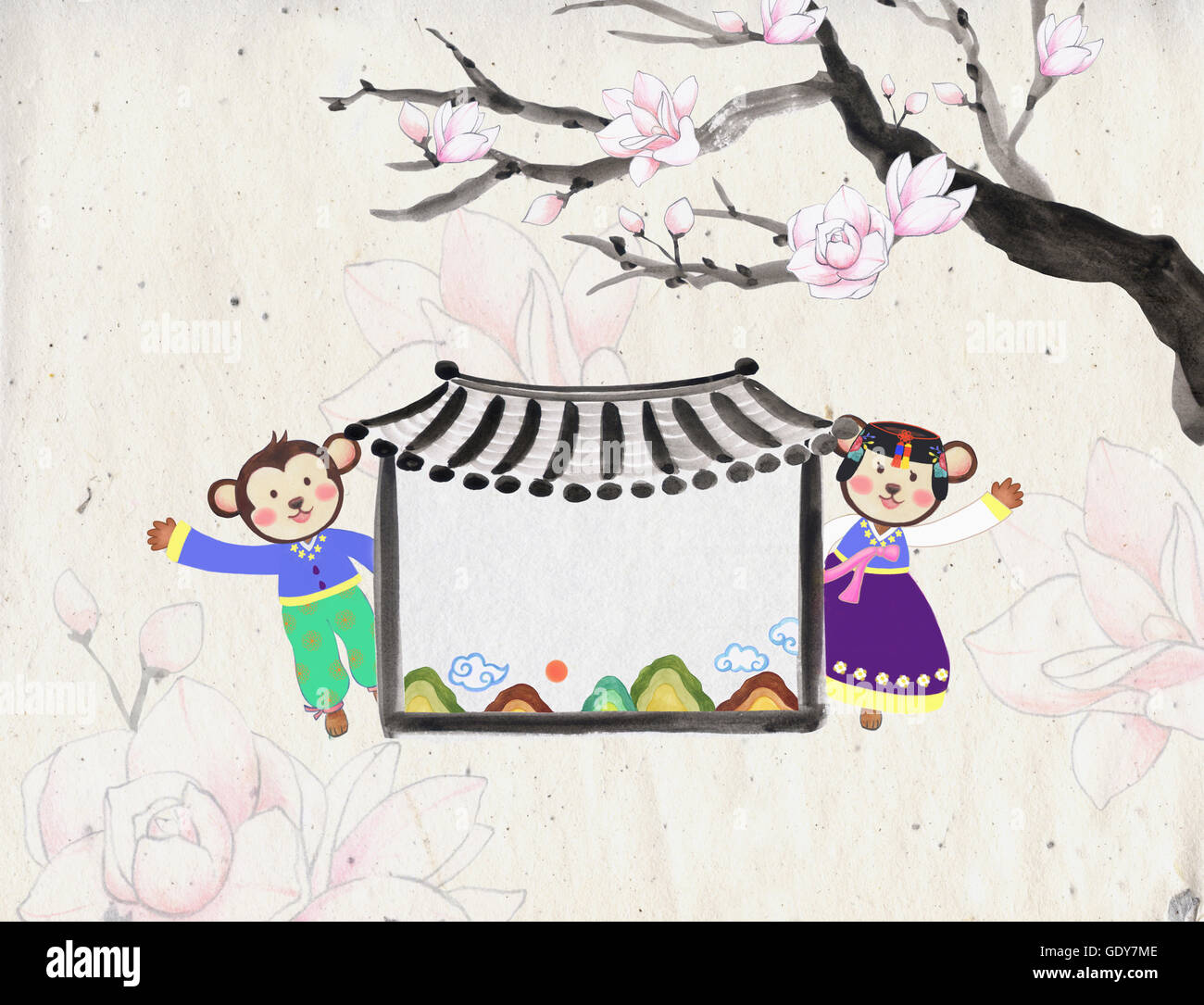 New year 2016 with monkeys in traditional Korean clothes waving hands ...