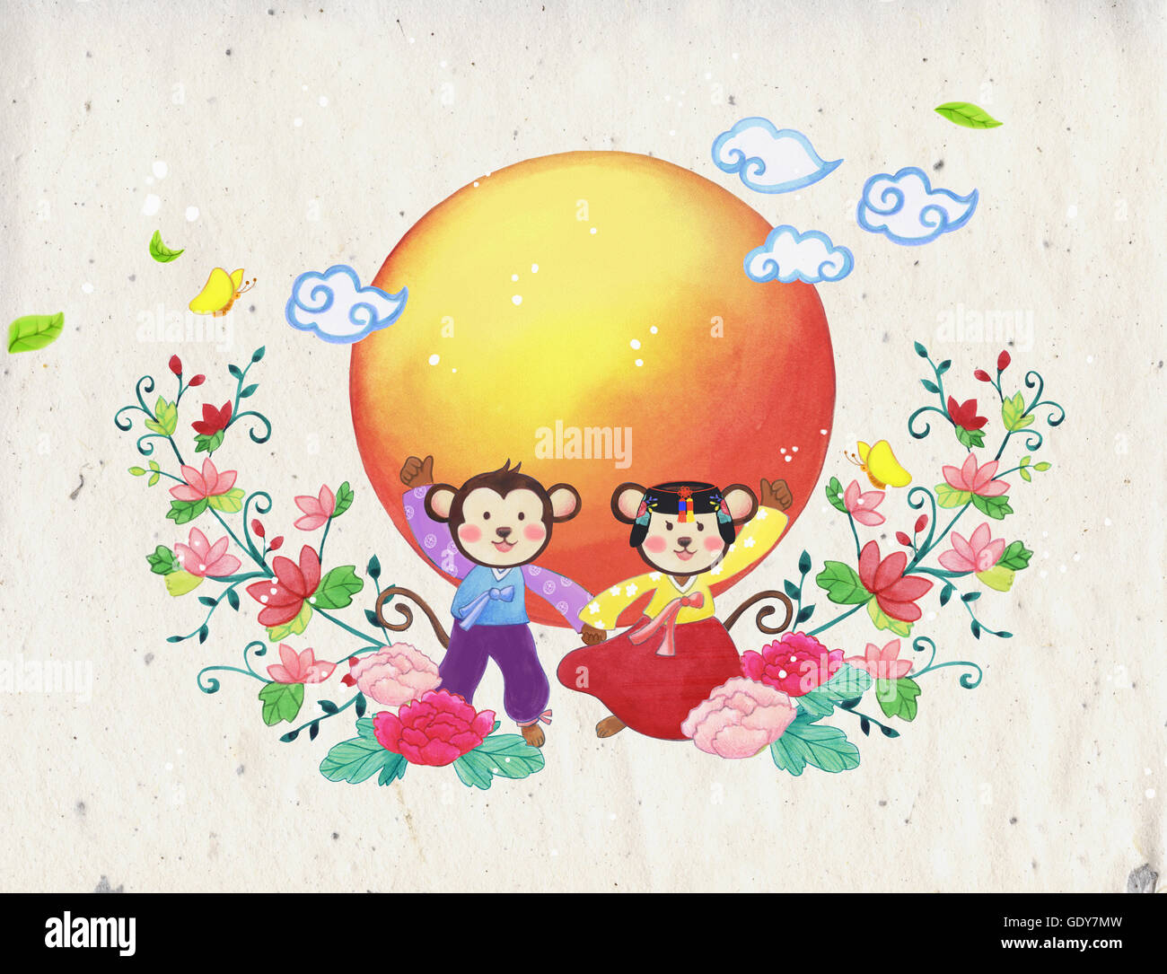 New year 2016 with monkeys in traditional Korean clothes and flowers ...