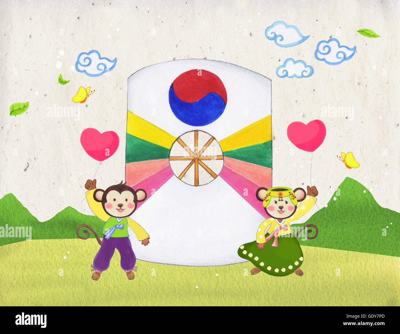 New year 2016 with monkeys in traditional Korean clothes holding heart ...