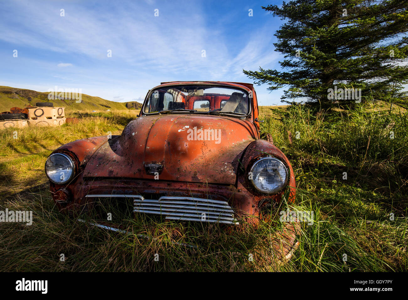 Run down classic car overgrown with grass at an icelandic farm. Blue ...