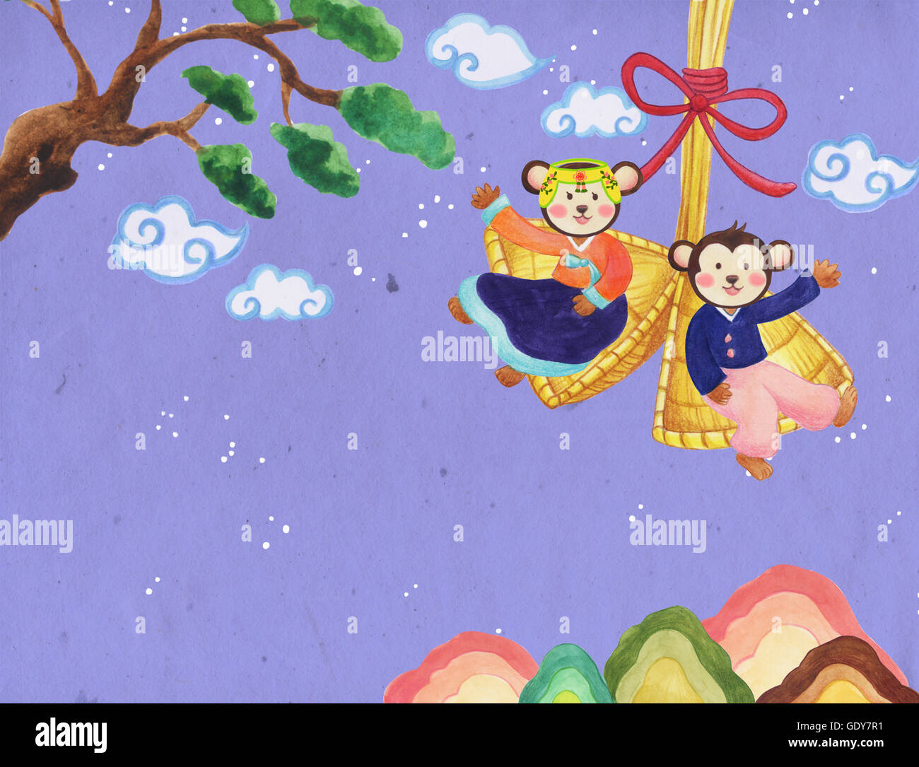 Background of new year's greeting card with monkeys in traditional ...