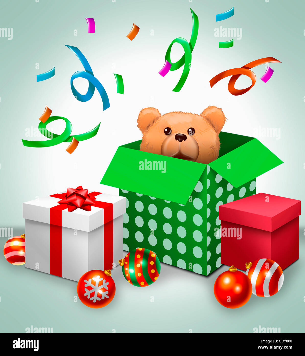 Teddy bear in box with Christmas ornaments and present boxes Stock ...