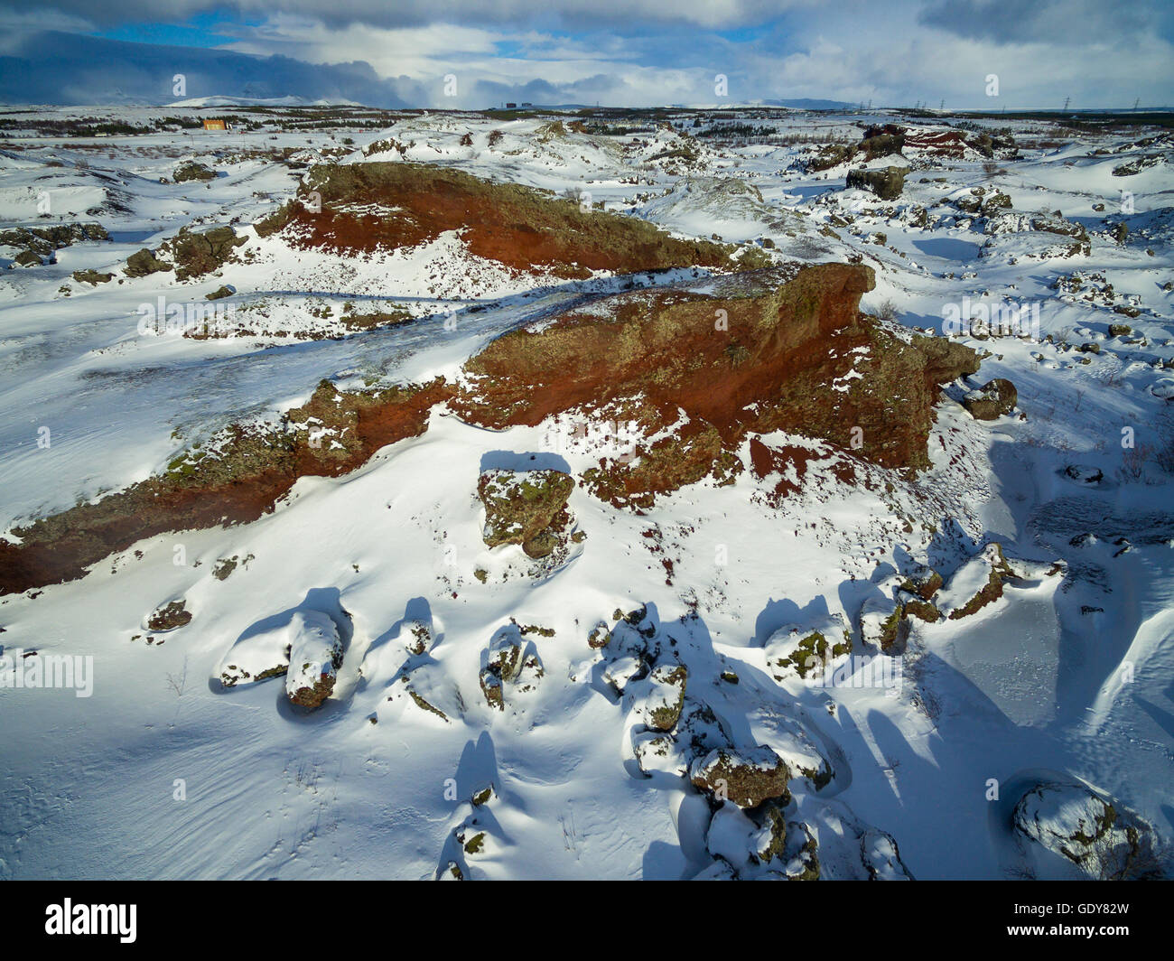 Aerial photograph of winter landscape in southern iceland, red volcanir ...