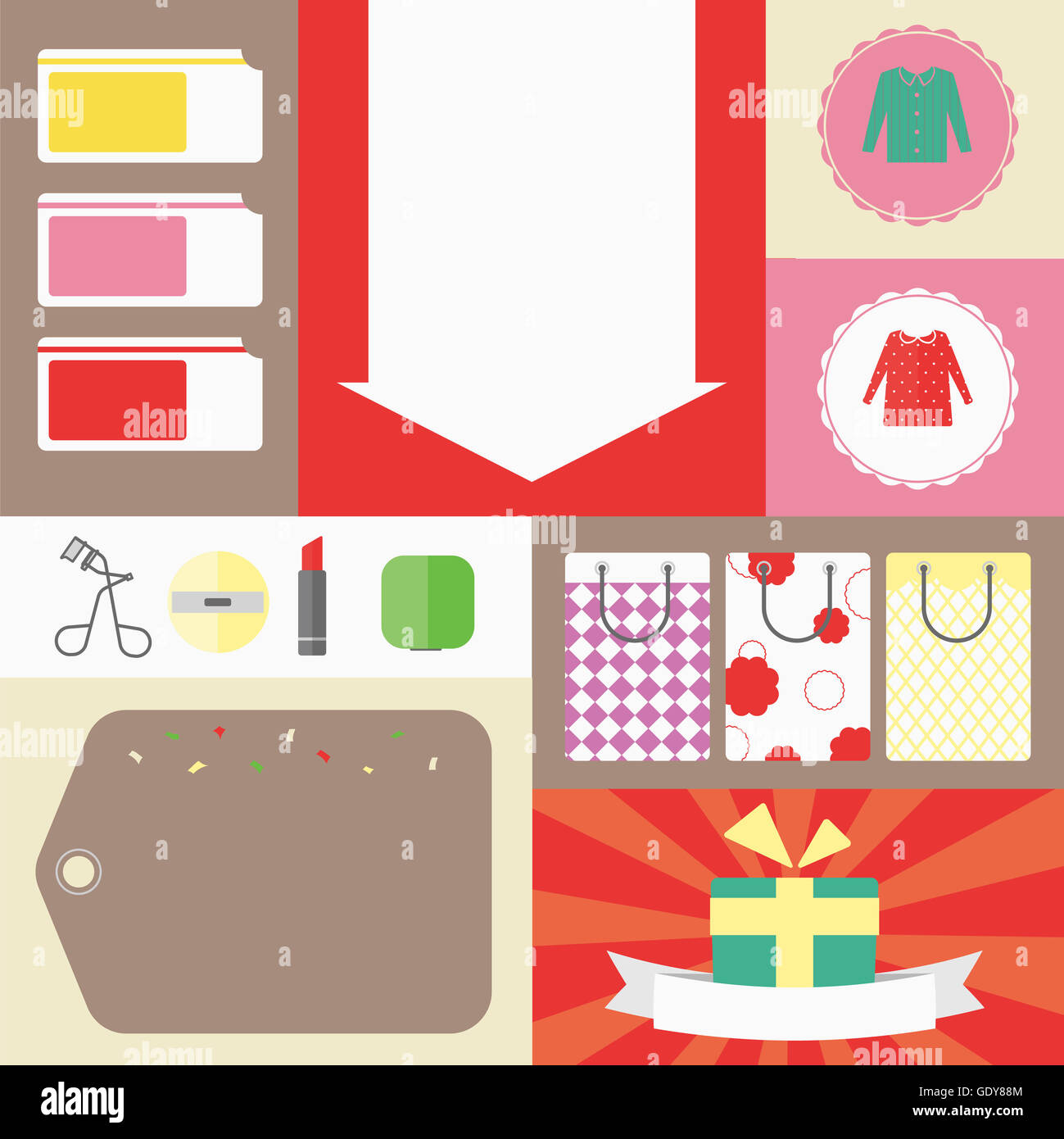 Various labels with illustrations of shopping Stock Photo - Alamy