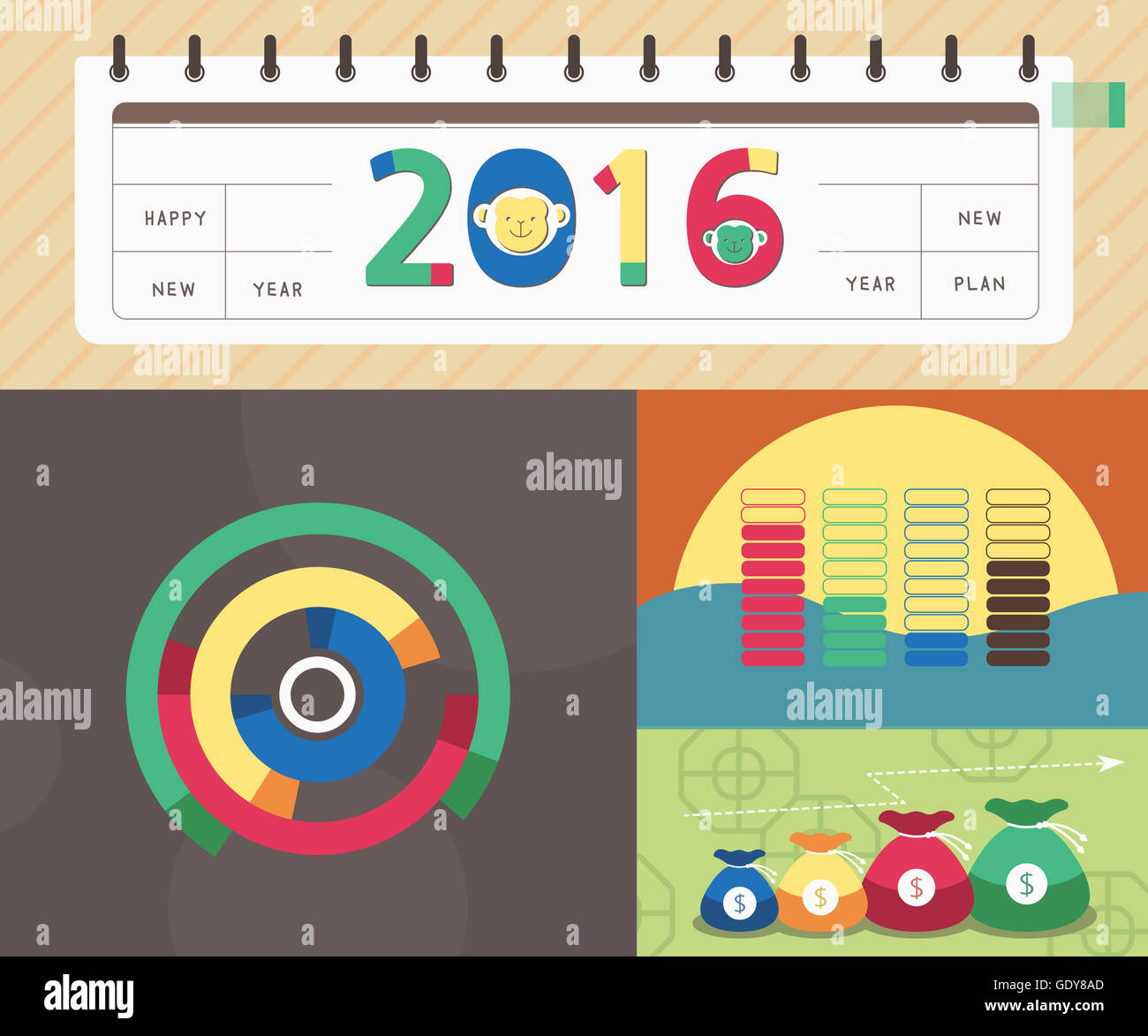 New year 2016 with Infographic diagrams of pie graph, bar graphs and ...