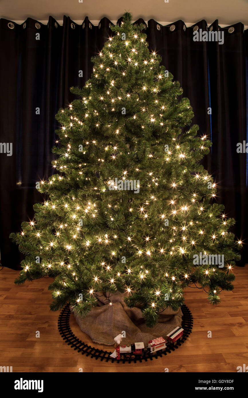 Christmas tree with plain lights turned on, no other decorations Stock ...