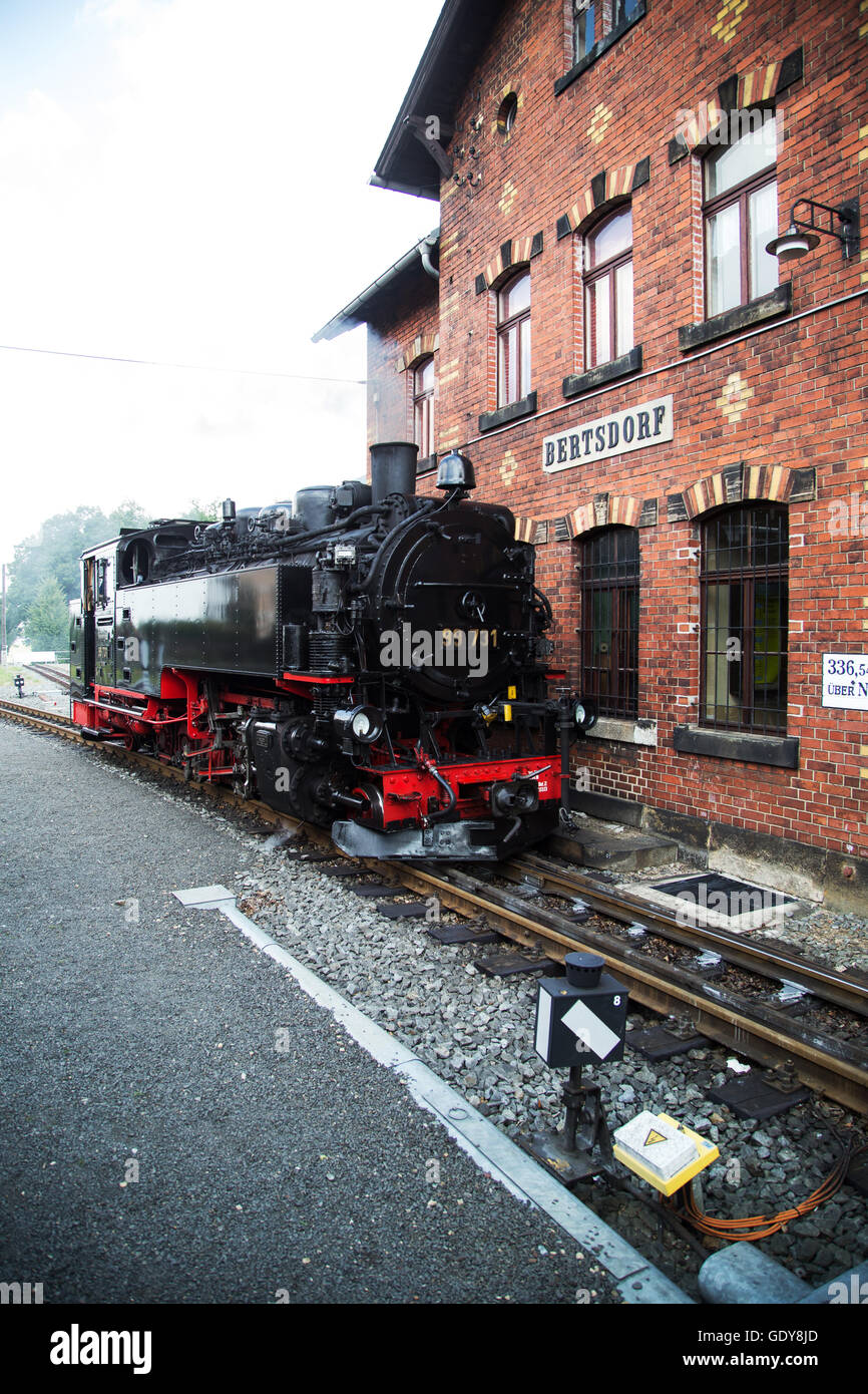 Old narrow gauge steam train coming into a small trainstation in ...