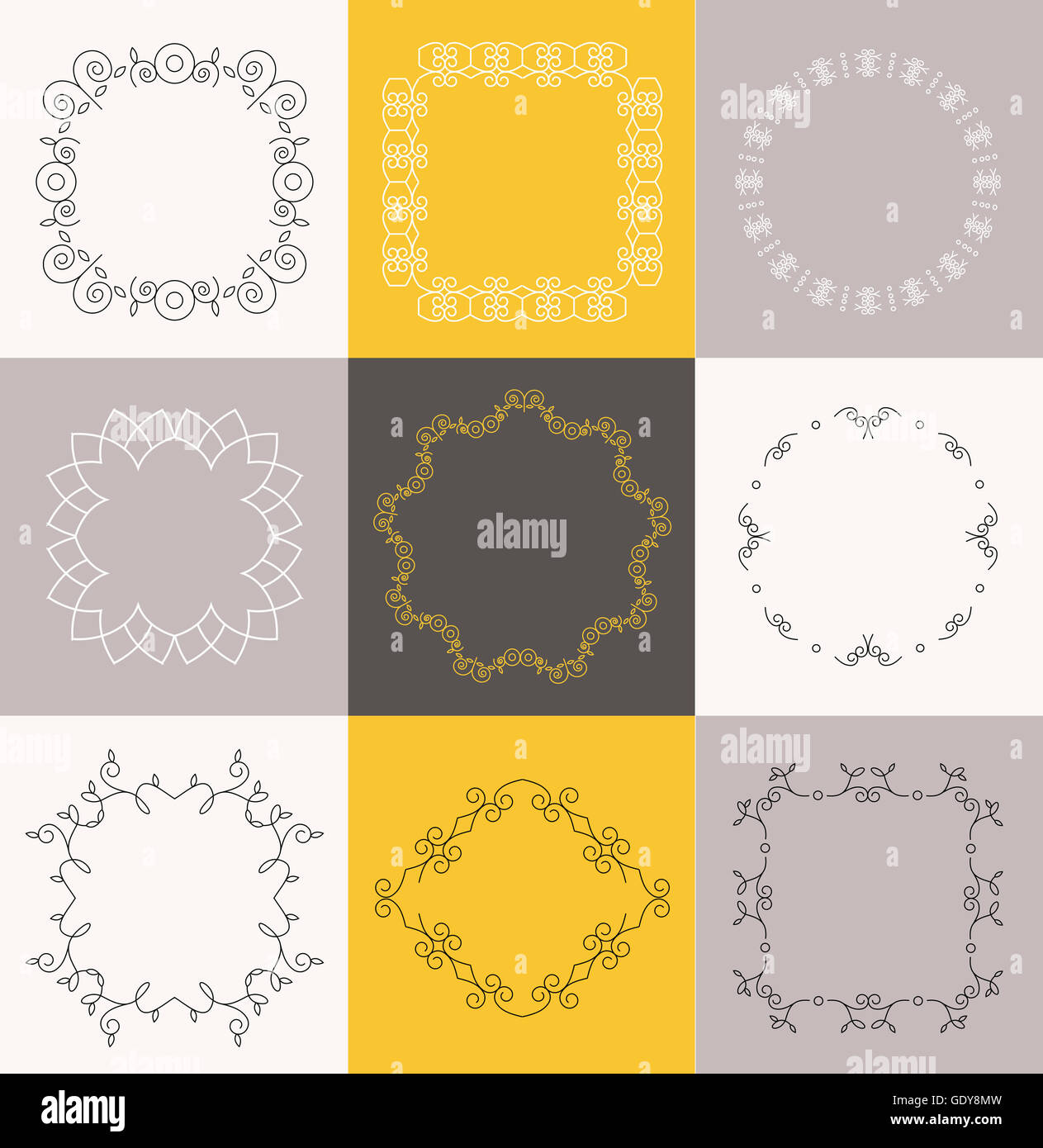 Various geometric patterns of circles, squares, leaves, vines and lines ...