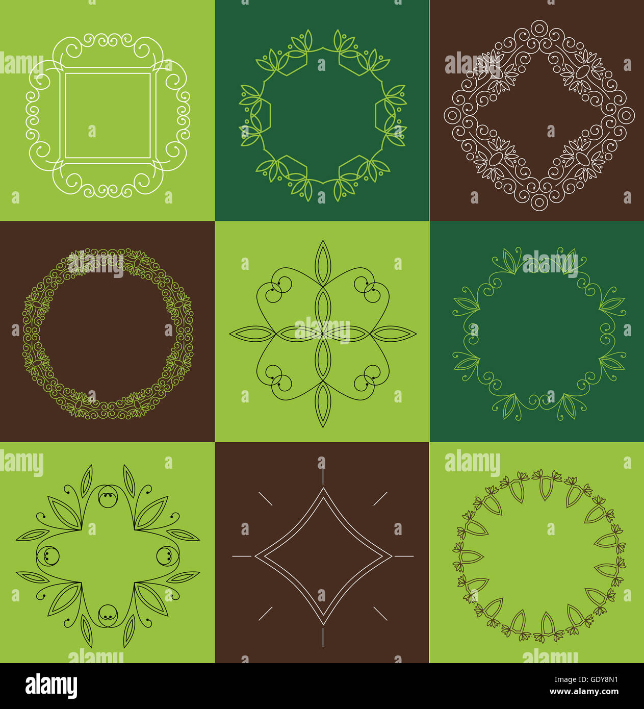 Various geometric patterns of circles, leaves, vines and lines against ...