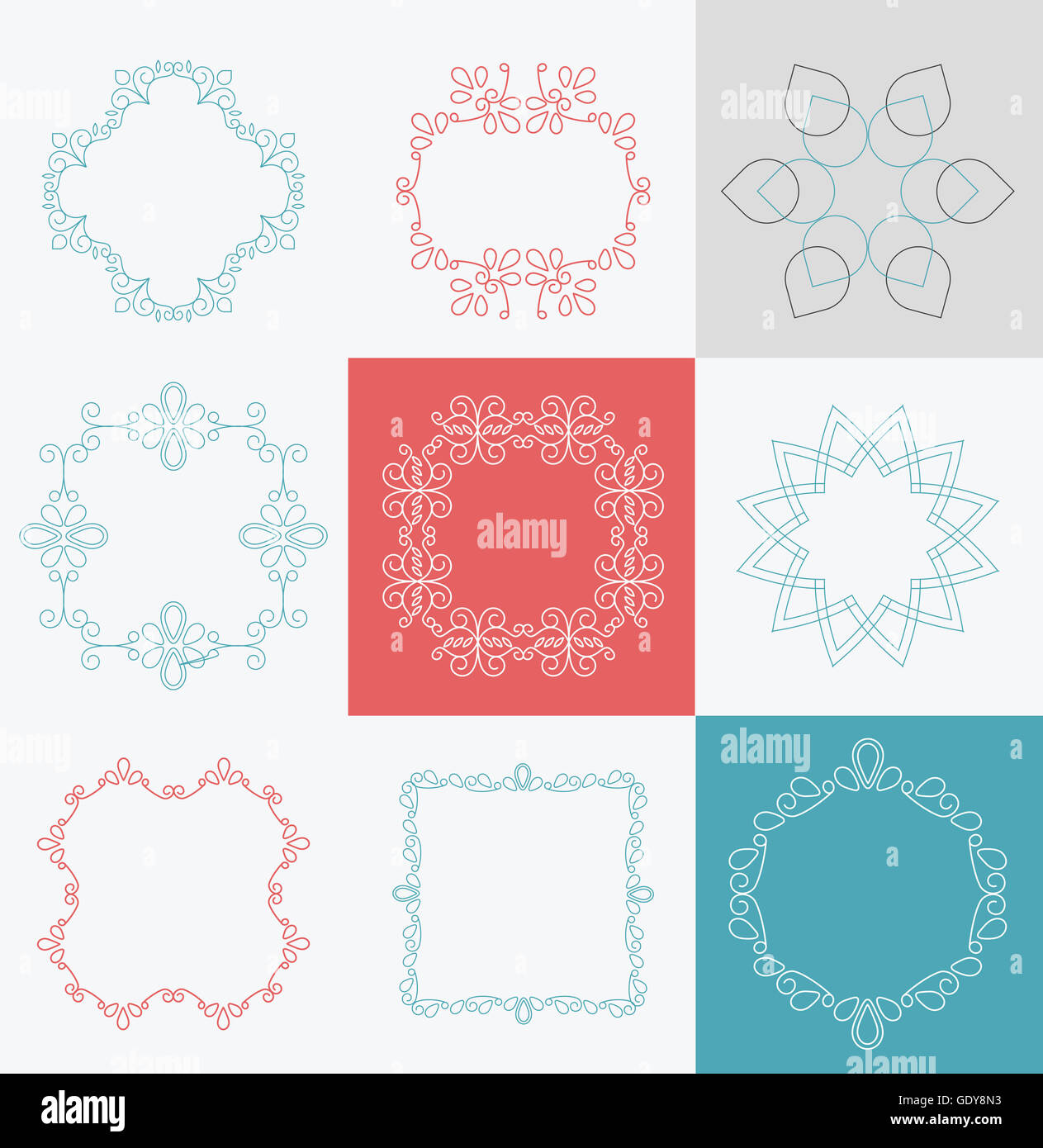 Various geometric patterns of circles, squares, vines and curved lines ...