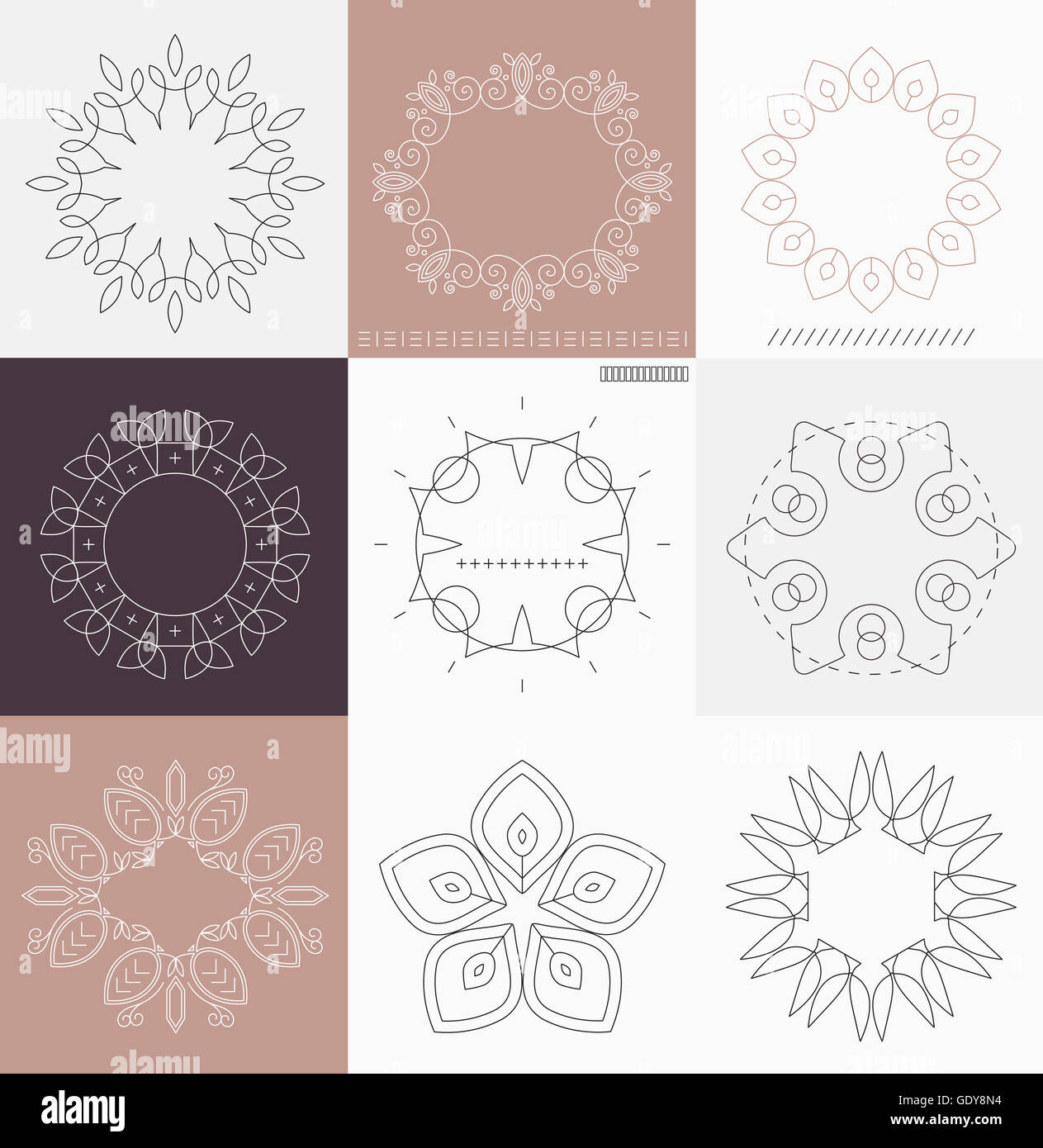 Various geometric patterns of flowers, leaves and curved lines Stock ...