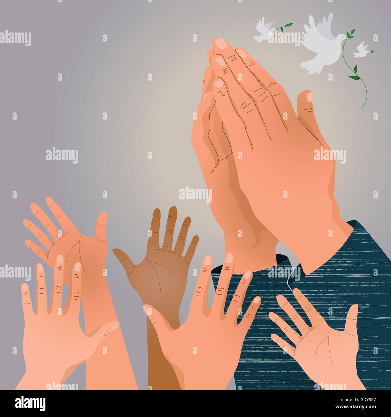Hands praying with other hands and doves Stock Photo - Alamy