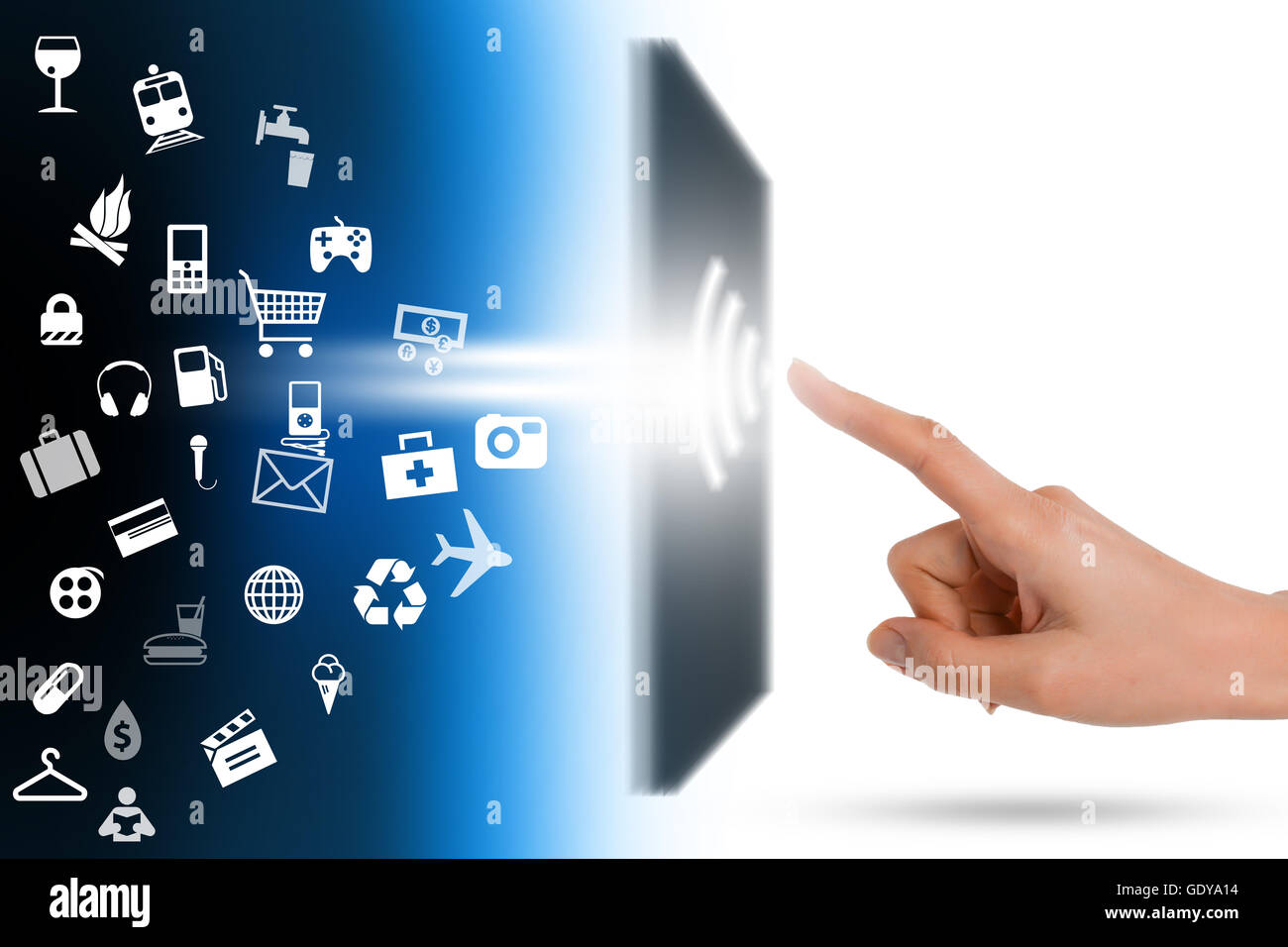 Modern communication technology with human finger touching a screen ...