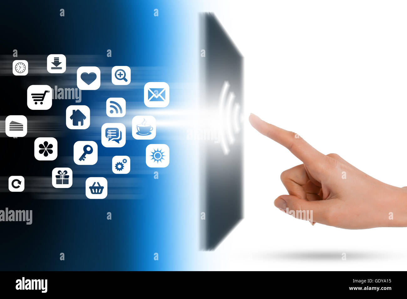 Modern communication technology with human finger touching a screen ...