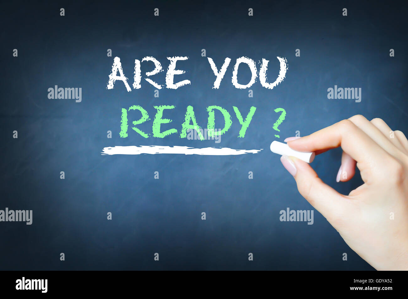 “Are you ready?” written in white chalk on a black board Stock Photo ...