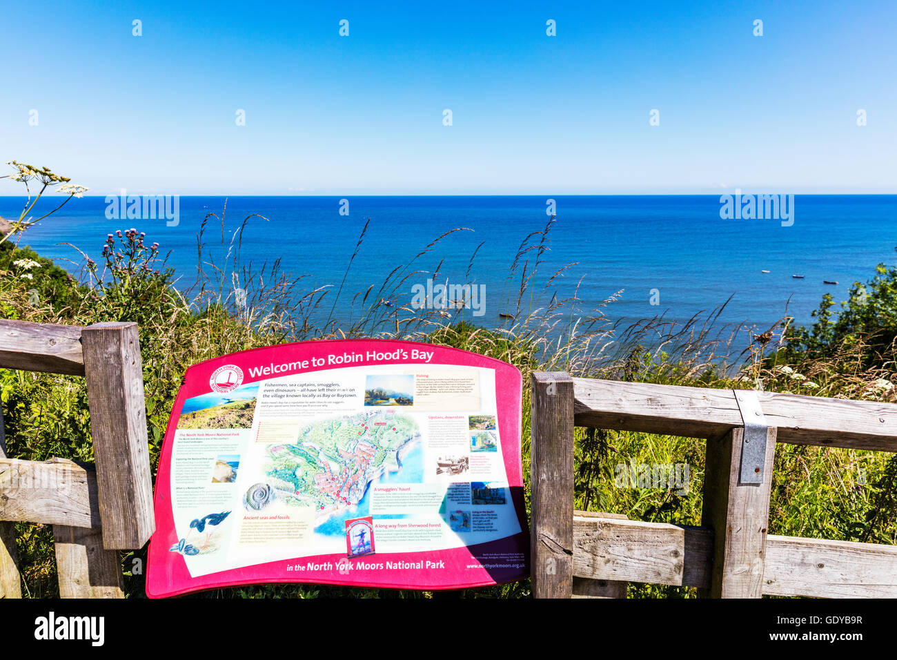Robin Hoods Bay North Yorkshire sign looking out to sea welcome sign ...
