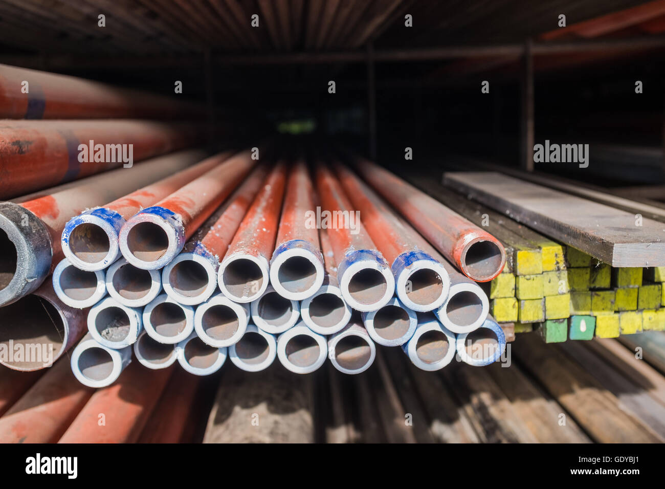 Close-up detail of Steel pipes in different size and lengths Stock ...