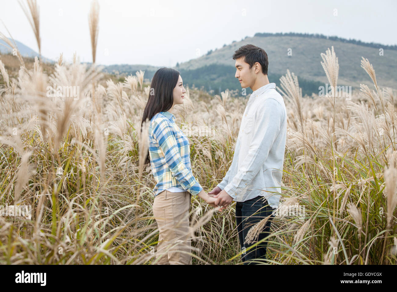 Side view of young smiling couple holding hands face to face in silver ...