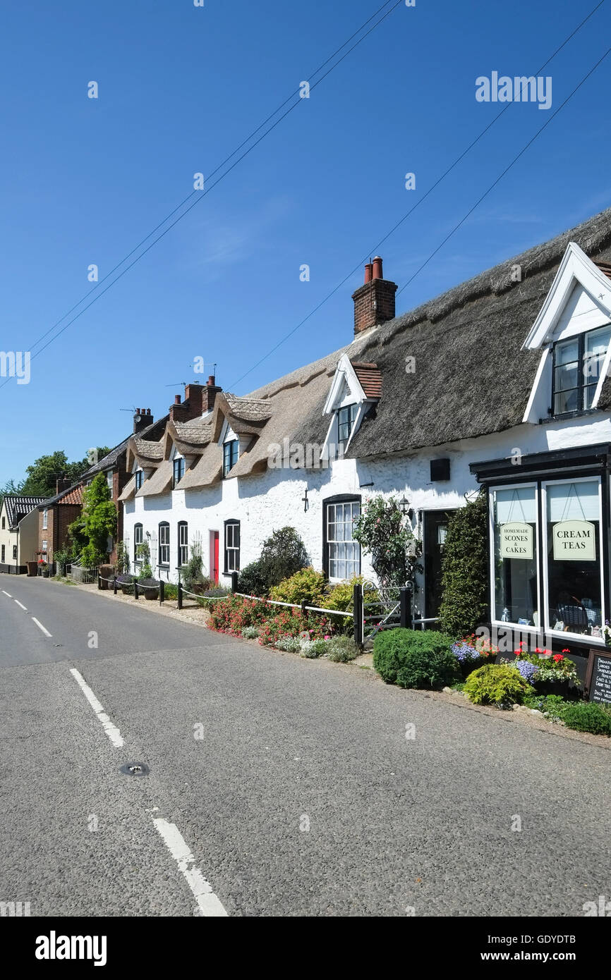 Pretty Thatched cottages in the Norfolk village of Ludham Stock Photo ...