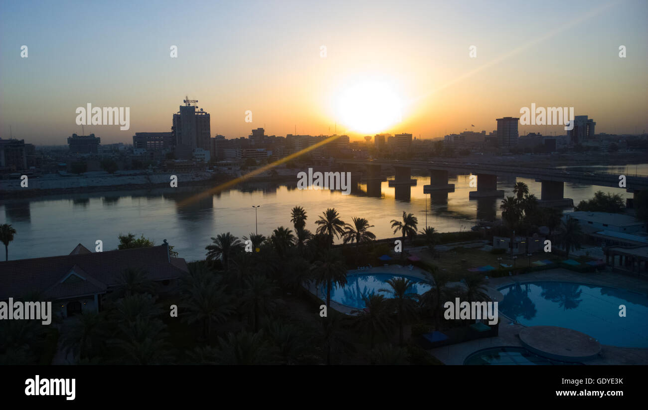 Aerial photographs of the city of Baghdad during sunset that shows ...