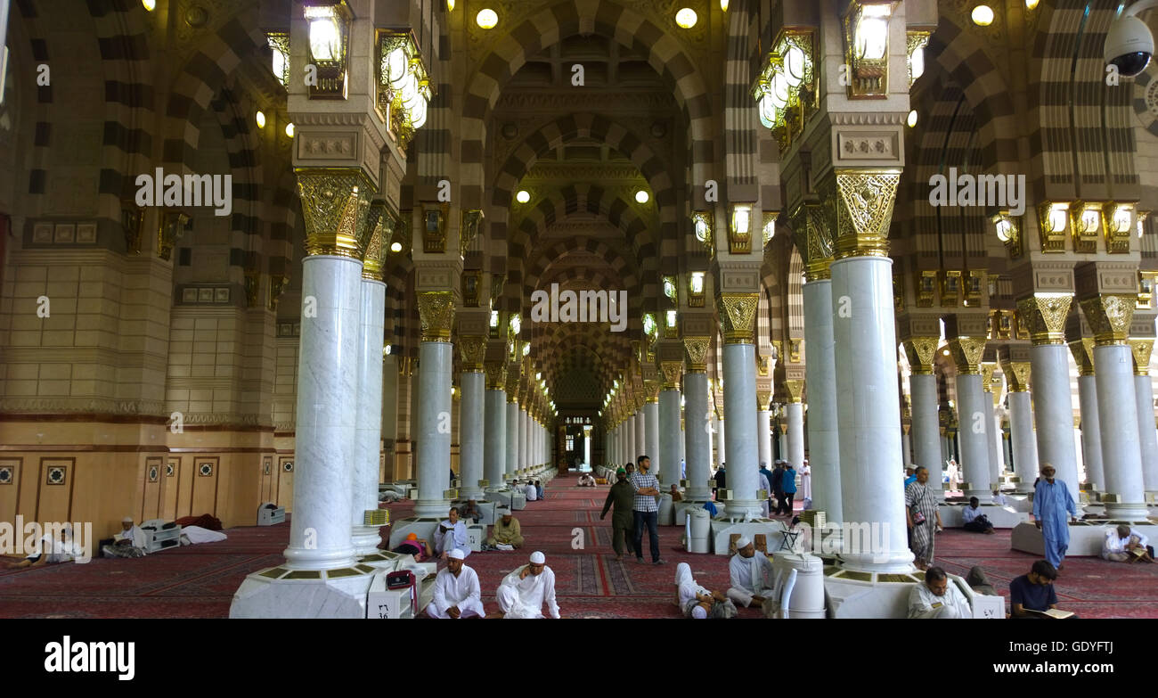 An internal image of the Prophet's Mosque in Medina in Saudi Arabia ...