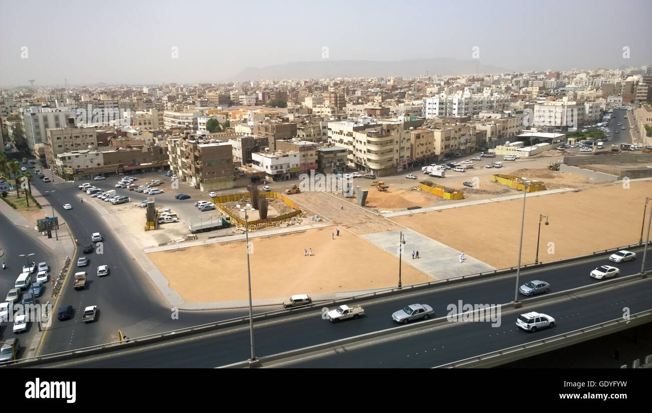 Aerial shot of the city of Medina in Saudi, Which show some streets and ...