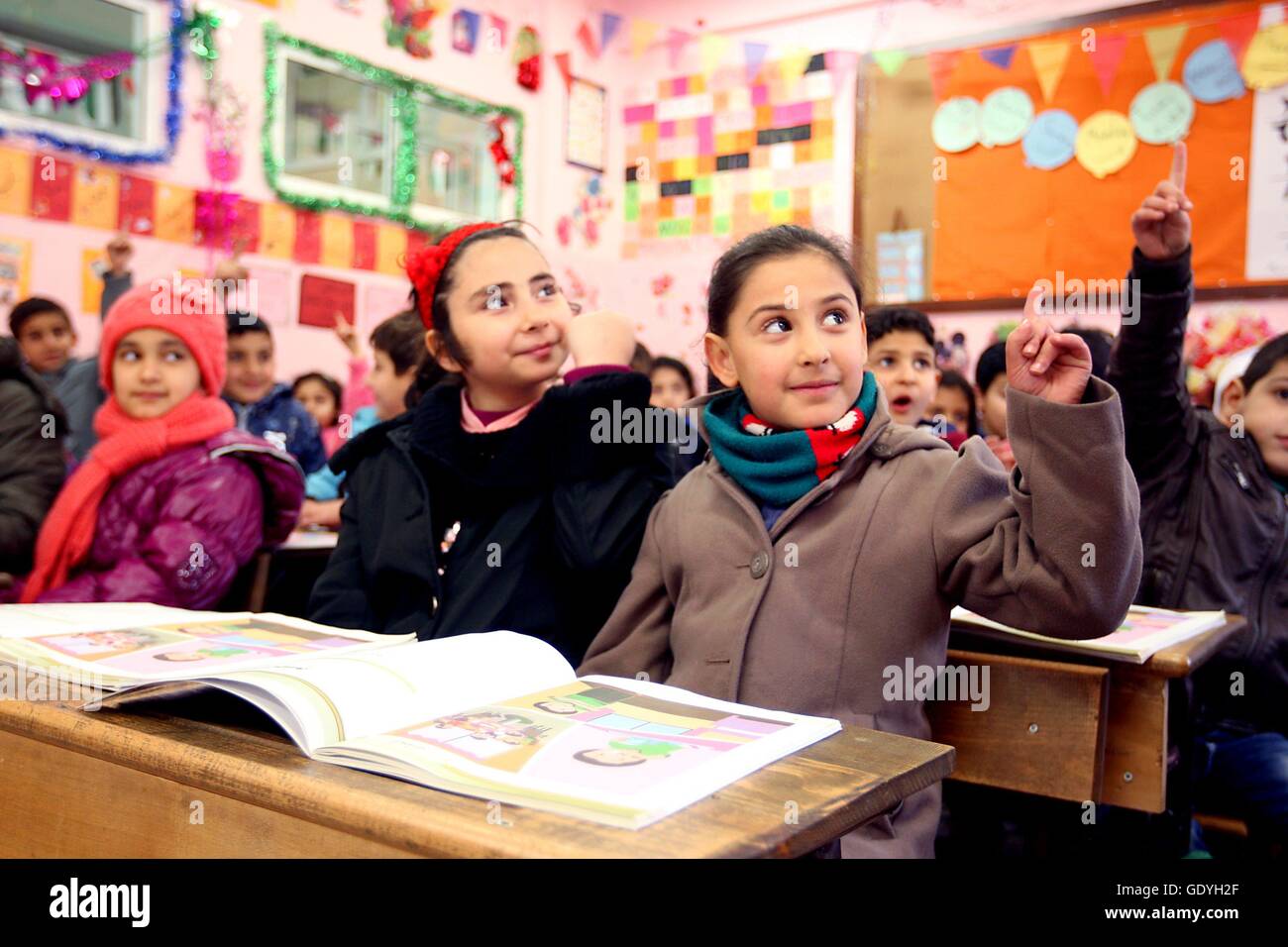 In a school in Amman, capital of Jordan. View into the classroom with ...