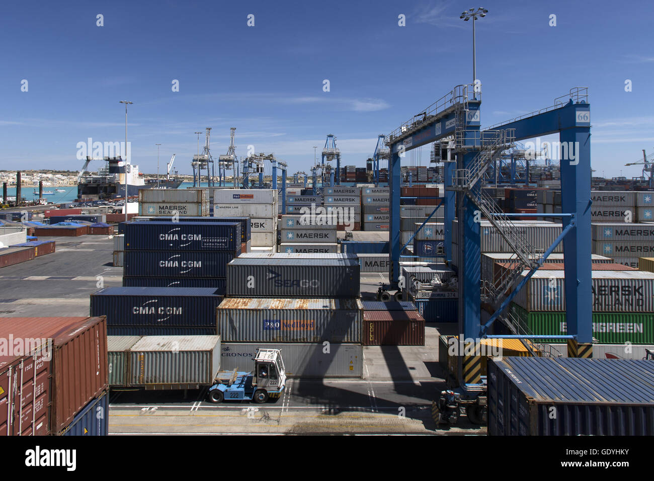The container harbor of Kalafrana in the south of the island Malta. The ...
