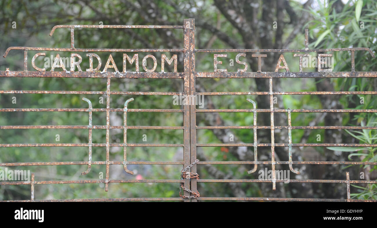 A gate with the inscription "Cardamom Estate" near Munnar, India, on 17 ...