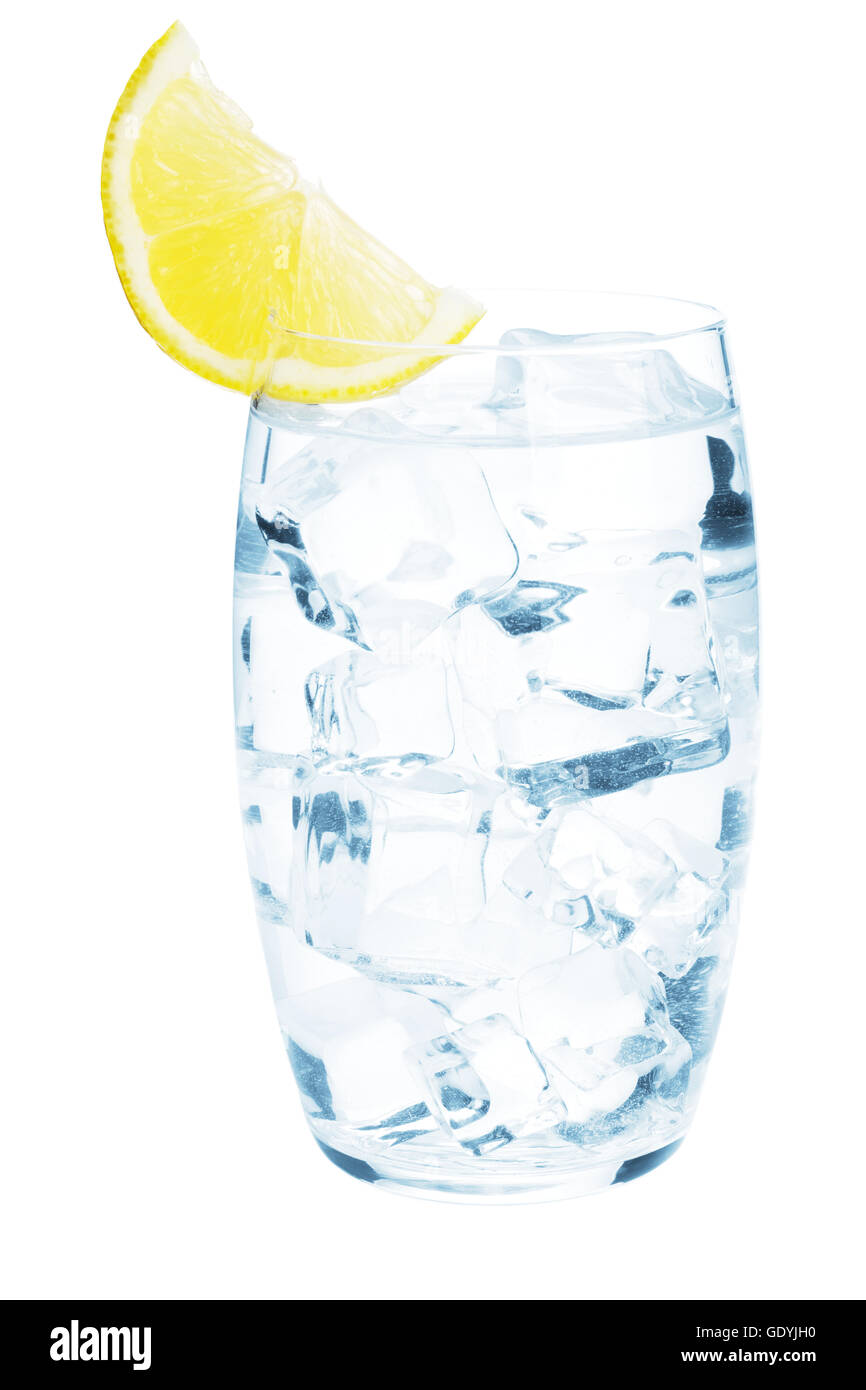 Glass of pure water with ice cubes and lemon slice. Isolated on white ...