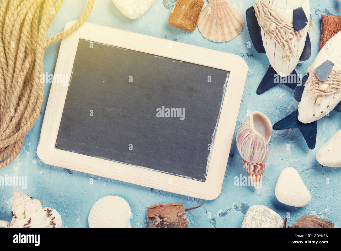 Beach vacation background. Seashells and blackboard for your text over ...