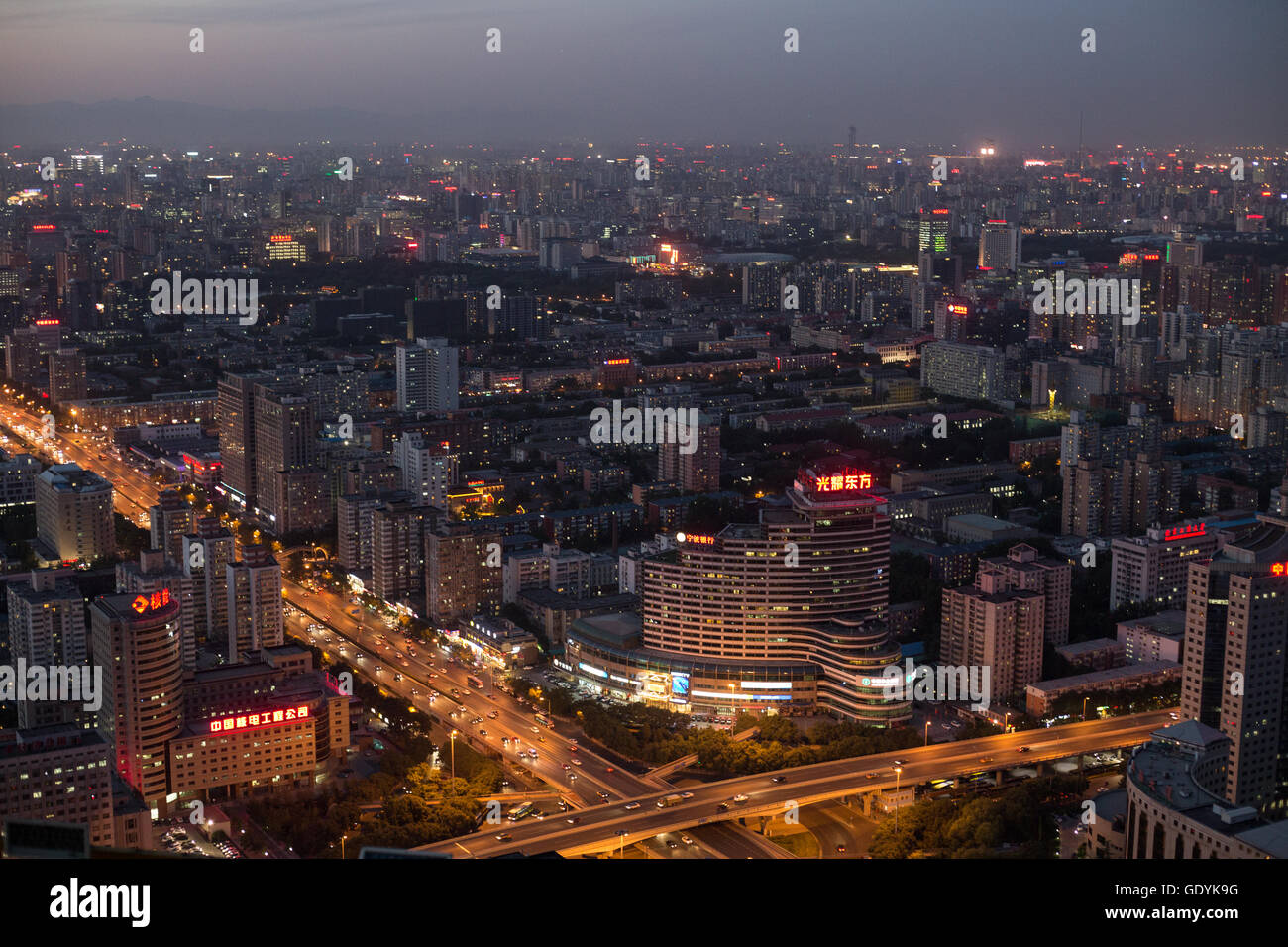 Views of Beijing city, at dusk, from the observation deck of China ...